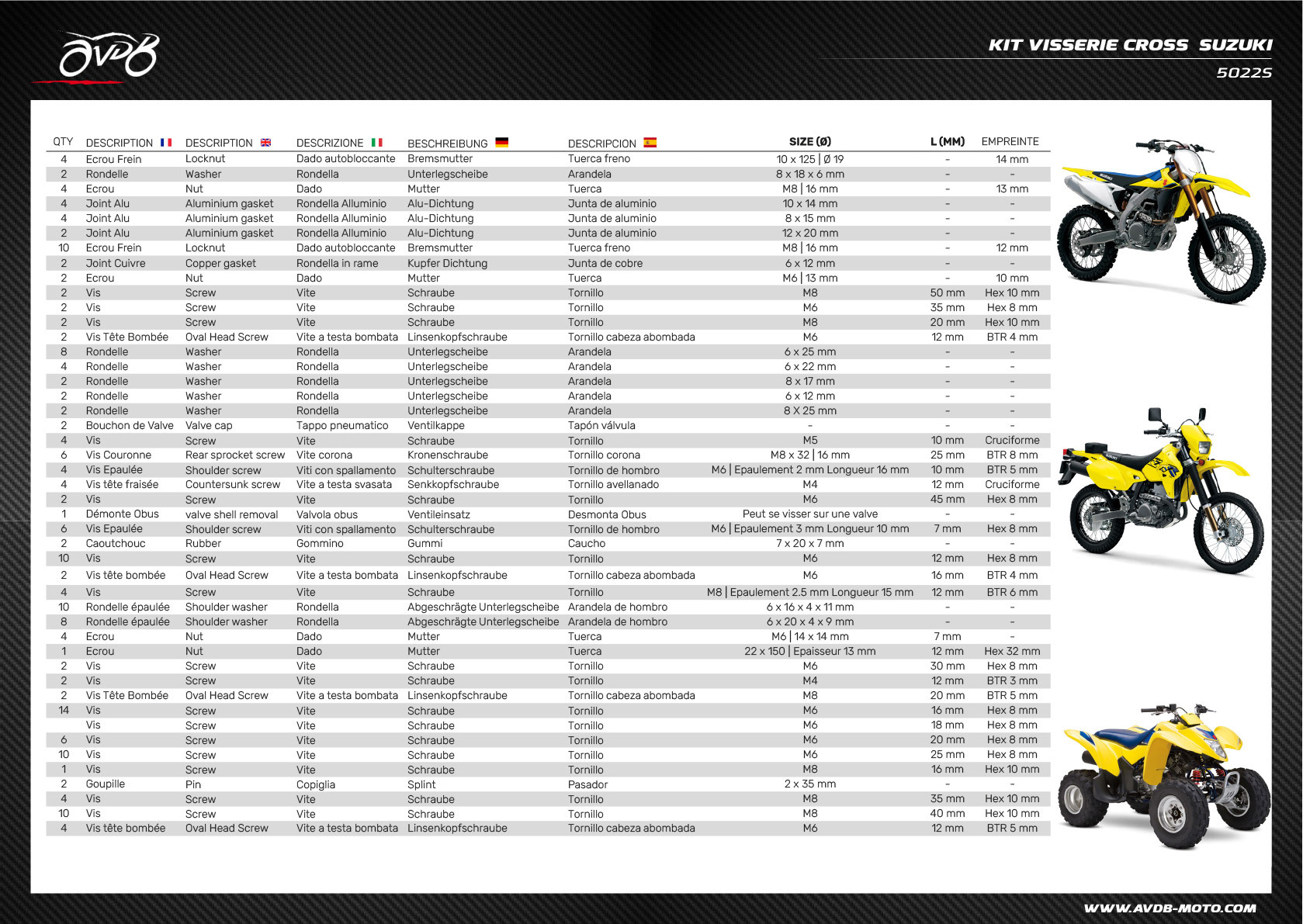 Kit Complet visserie ATV / Cross / Enduro / Trial SUZUKI
