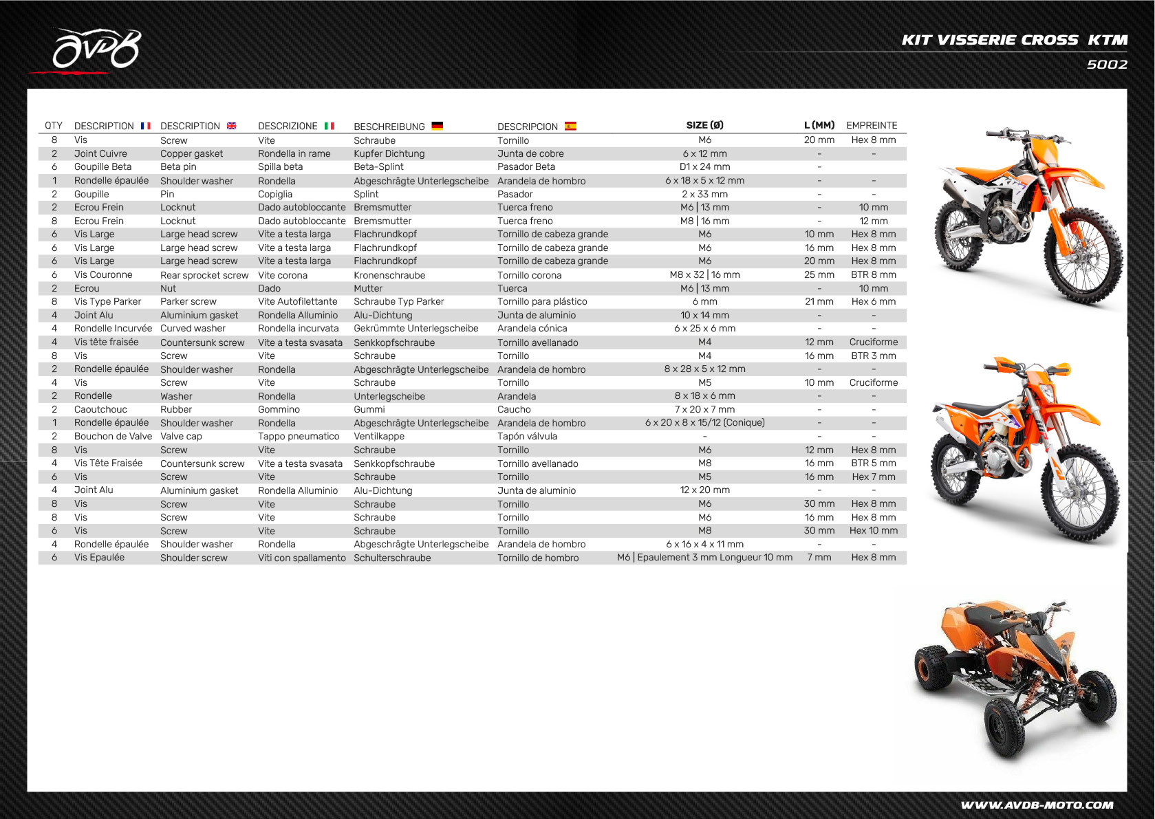 Kit Complet visserie ATV / Cross / Enduro / Trial KTM